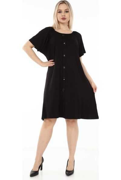 Big Free TB21YB110030 Siyah Kadın Düğmeli Lastik Yaka Midi Boy Elbise