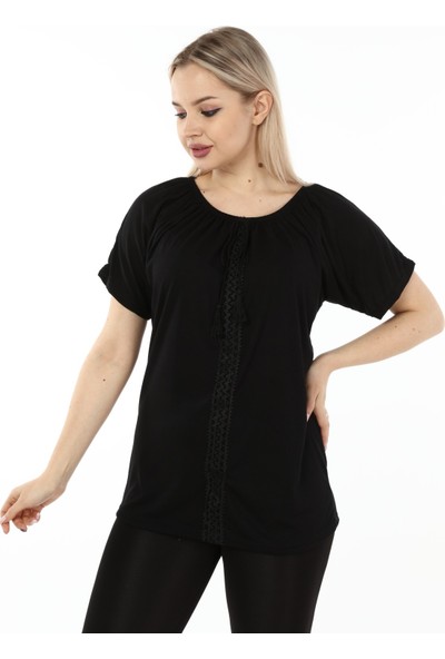 Big Free TB21YB450004 Siyah Kadın Madonna Yaka Dantel Şeritli Bluz