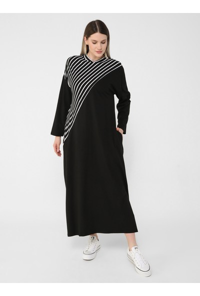 Alia Büyük Beden Doğal Kumaşlı Çizgili Elbise - Siyah - Alia
