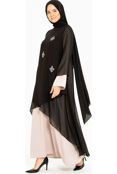 Beyza Taş ve Şifon Detaylı Bej / Siyah Tesettür Abiye 5176