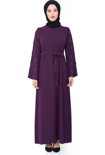Beyza Boncuk Işlemeli Mor Tesettür Abiye Elbise 793