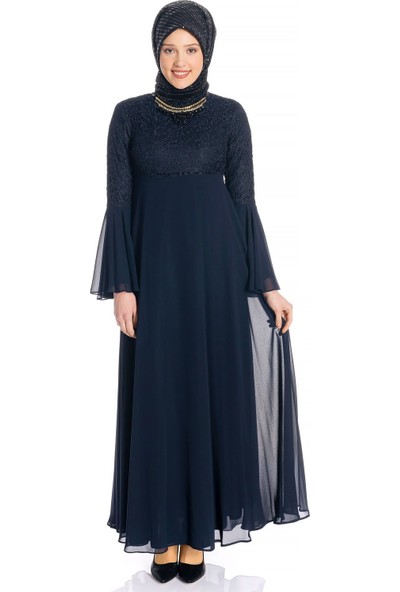 Beyza Kolyeli Dantelli Lacivert Tesettür Abiye Elbise 665