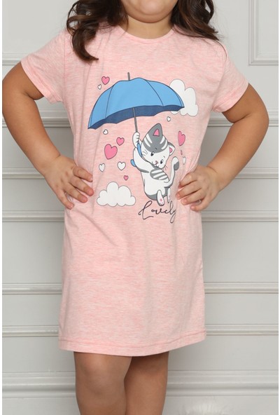 Nicoletta Pembe Kız Çocuk Tunik Gecelik Kısa Kollu Pamuk