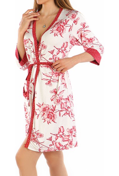 Nicoletta Kırmızı Kadın Sabahlık 3/4 Kollu Viskon