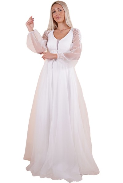 SpringStore Ekru Taş Işlemeli Balon Kol Abiye SpringStore Ekru Taş Işlemeli Balon Kol Abiye