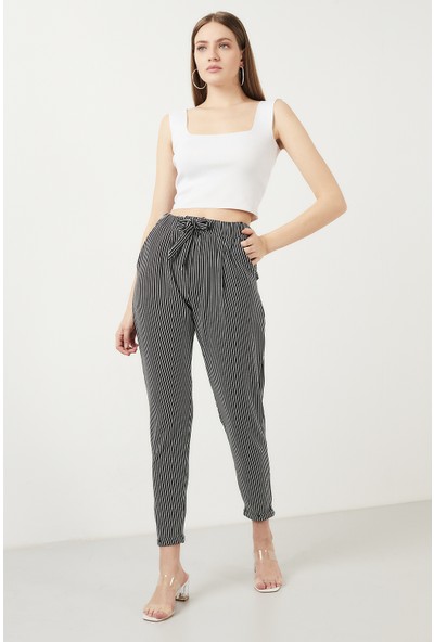 Lela Çizgili Belden Bağlamalı Cepli Pantolon Kadın Pantolon 5862671
