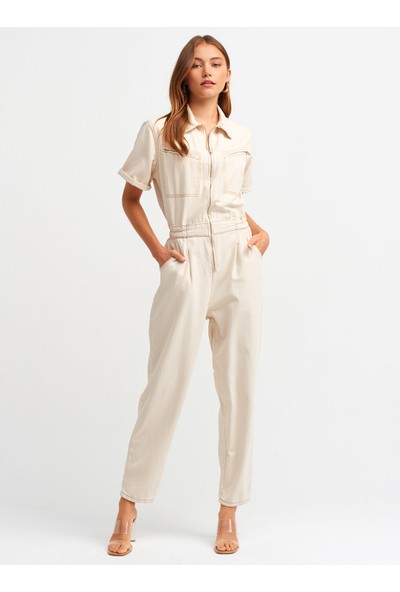 Dilvin 4124 Önü Fermuarlı Kısa Kol Tulum-Ekru