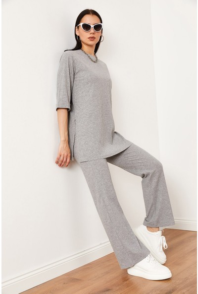 Hadise Üst Yırtmaçlı Kaşkorse Salaş Pantolon Takım Gri Hadise Üst Yırtmaçlı Kaşkorse Salaş Pantolon Takım Gri