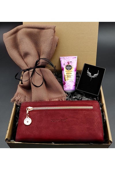 VegaGiftShop Bordo Kadın Cüzdan & Bej Şal & Eyüp Sabri Tuncer El Kremi & Gümüş Kaplama Mikail Melek Kolye Set