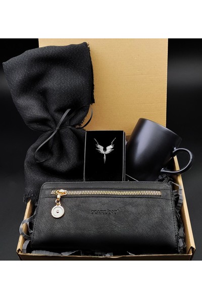 VegaGiftShop Siyah Ipek Şal & Siyah Kadın Cüzdan & Siyah Kupa & Gümüş Kaplama Mikail Melek Kolye Set