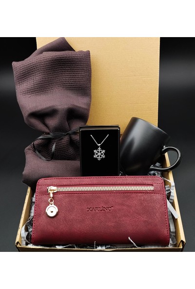 VegaGiftShop Mürdüm Şal & Bordo Kadın Cüzdan & Siyah Kupa & Gümüş Kaplama Kar Tanesi Kolye Set VegaGiftShop Mürdüm Şal & Bordo Kadın Cüzdan & Siyah Kupa & Gümüş Kaplama Kar Tanesi Kolye Set