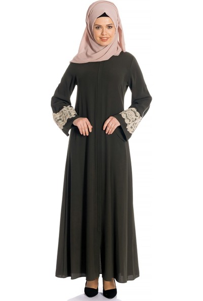 Beyza Fermuarlı Dantelli Haki Ferace 739