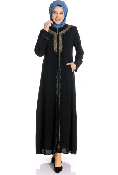 Beyza Fermuarlı Nakışlı Siyah Ferace 750-1