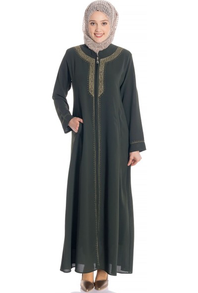 Beyza Fermuarlı Gold Nakışlı Haki Ferace 750