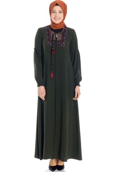 Beyza Fermuarlı Yaka Nakışlı Haki Ferace 655