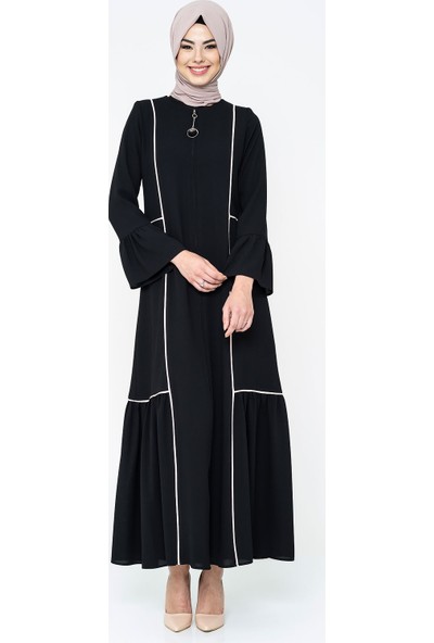 Beyza Fermuarlı Pudra Biye Detaylı Siyah Ferace Beyza Fermuarlı Pudra Biye Detaylı Siyah Ferace