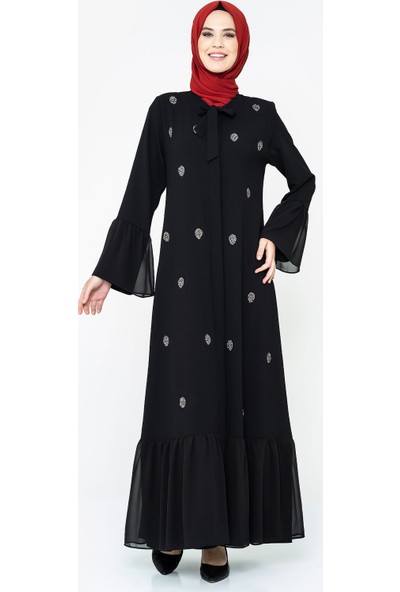 Beyza Düğmeli Taşlı Siyah Ferace 3007