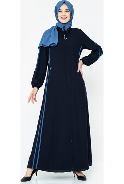 Beyza Fermuarlı Şeritli Lacivert Ferace