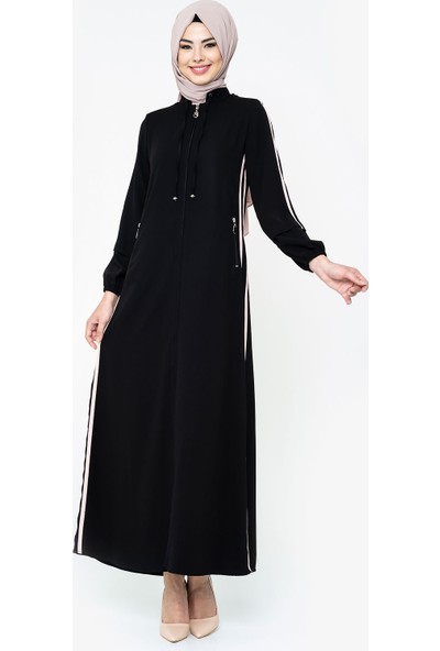 Beyza Fermuarlı Şeritli Siyah Ferace
