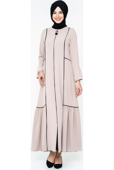 Beyza Fermuarlı Siyah Biye Detaylı Vizon Ferace Beyza Fermuarlı Siyah Biye Detaylı Vizon Ferace