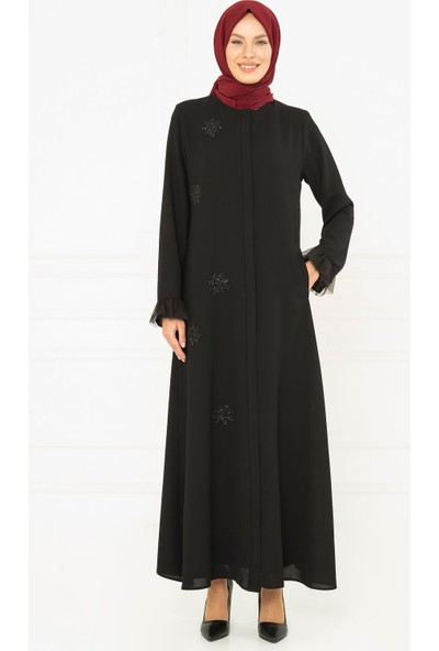 Beyza Tül Detaylı Taş Işlemeli Siyah Ferace 3195