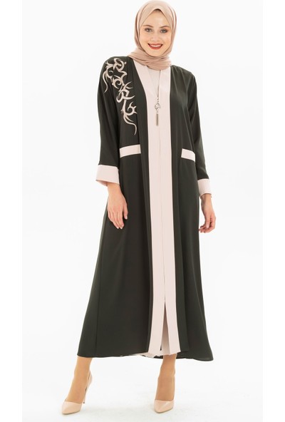 Beyza Tribal Nakışlı Yeşil Ferace 3M3037