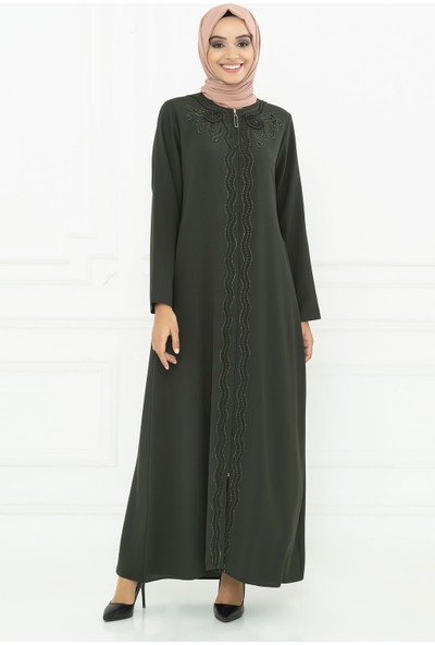 Beyza Floral Nakışlı Haki Ferace 3218