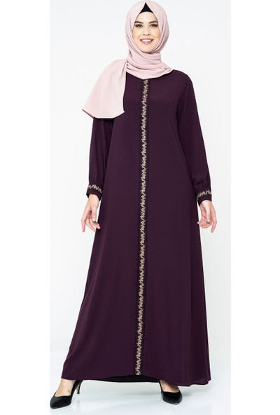 Beyza Nakışlı Mürdüm Tesettür Elbise 829