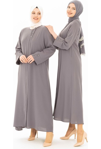 Beyza Nervür ve Taş Detaylı Gri Ferace 3302-1 Beyza Nervür ve Taş Detaylı Gri Ferace 3302-1