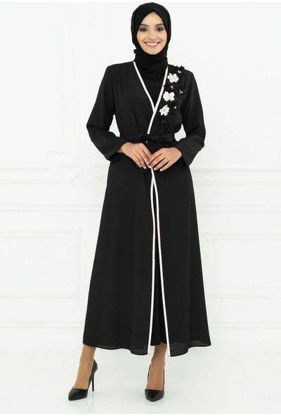 Beyza Gül Motifli Tesettür Siyah Abaya 3116
