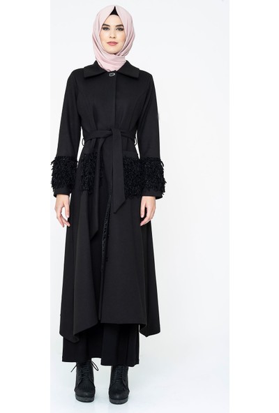 Beyza Asimetrik Siyah Kaşe Kaban 801