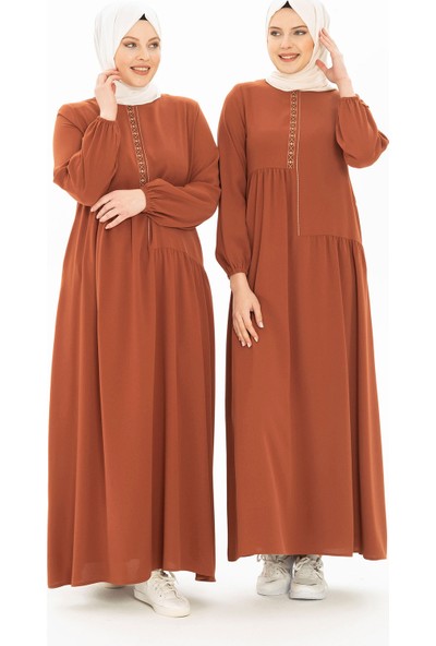 Beyza Nakış Detaylı Tarçın Tesettür Elbise 5141-1