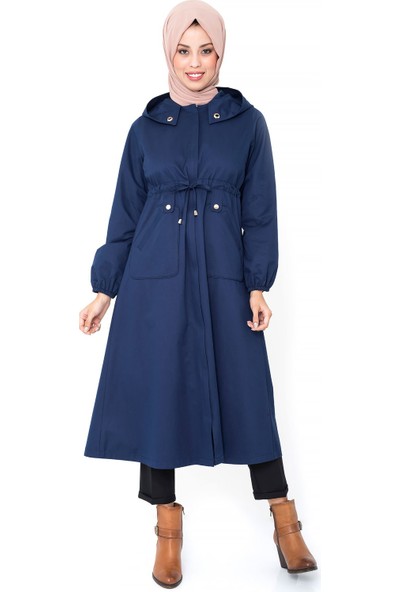 Beyza Gizli Fermuarlı Açık Lacivert Tesettür Trençkot 3129