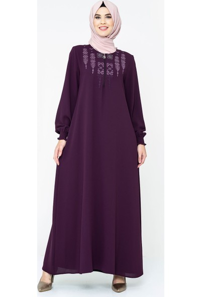 Beyza Nakış Işlemeli Mürdüm Tesettür Elbise 746