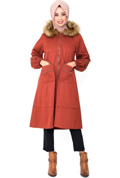 Beyza Fermuarlı Kürk Kapüşonlu Tesettür Kiremit Trençkot 3112