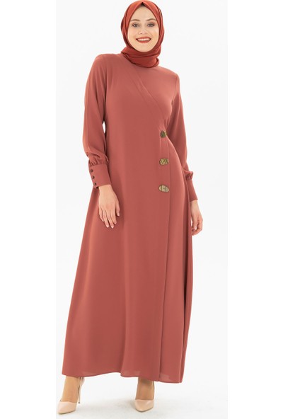 Beyza Düğme Detaylı Kiremit Tesettür Elbise 5183