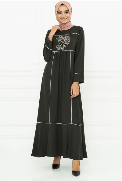 Beyza Gül Nakışlı Haki Tesettür Elbise 5015