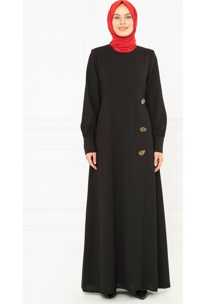 Beyza Düğme Detaylı Siyah Tesettür Elbise 5183
