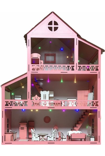 Ahşap Çocuk Oyun Evi LED Işıklı 80CM 36 Eşya Pembe Ahşap Çocuk Oyun Evi LED Işıklı 80CM 36 Eşya Pembe
