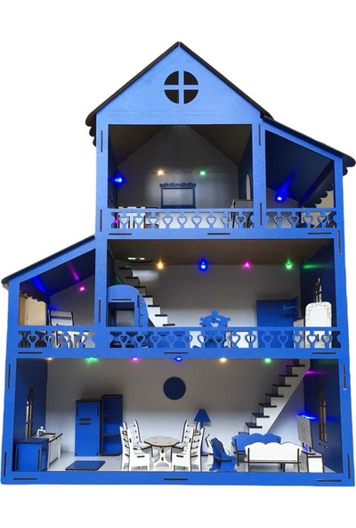 Ahşap Çocuk Oyun Evi LED Işıklı 80CM 36 Eşya Mavi Ahşap Çocuk Oyun Evi LED Işıklı 80CM 36 Eşya Mavi