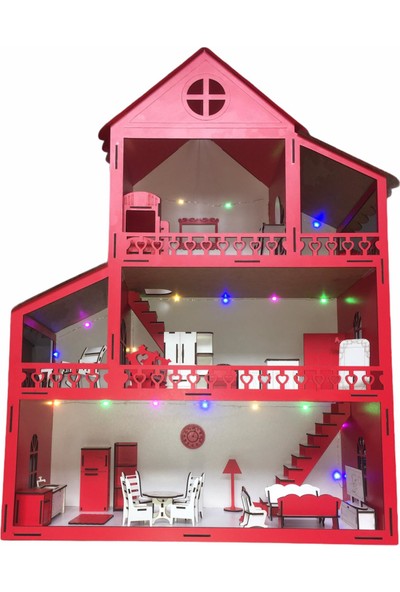 Ahşap Çocuk Oyun Evi LED Işıklı 80CM 36 Eşya Kırmızı Ahşap Çocuk Oyun Evi LED Işıklı 80CM 36 Eşya Kırmızı