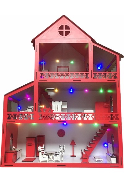 Ahşap Çocuk Oyun Evi LED Işıklı 80CM 27 Eşya Kırmızı Ahşap Çocuk Oyun Evi LED Işıklı 80CM 27 Eşya Kırmızı