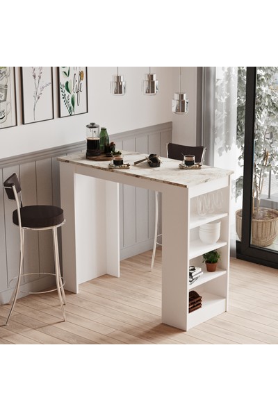 Yurudesign Style Bar Masası Mutfak Yemek Masası Mermer-Beyaz St1-Ew