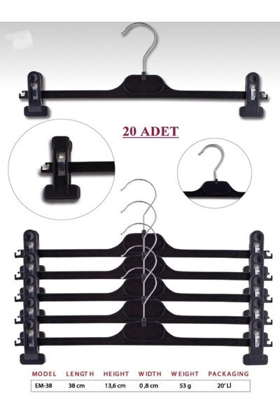 Askıcı Etek Pantolon Askısı Mandallı Askı 38 cm 20'li