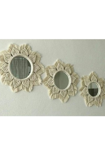 ATÖLYE89 Makrome Ayna 3'lü Ekru Set
