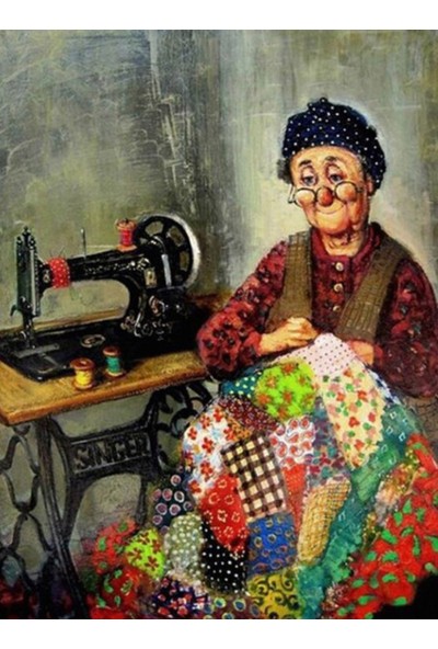 Movas Sanat Dikiş Yapan Yaşlı Teyze Elmas Mozaik Tablo / Mozaik Puzzle 40X60CM E20202694M