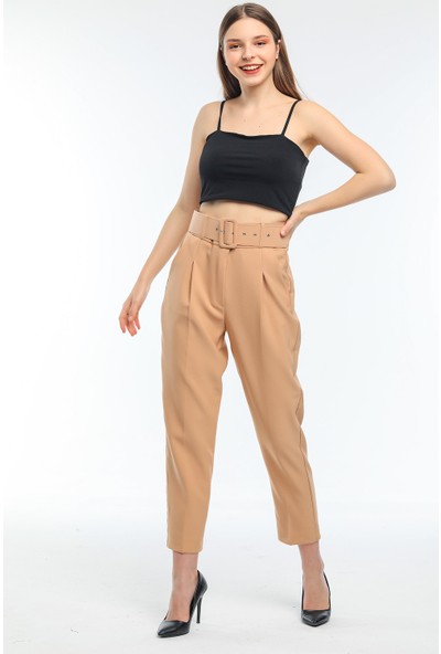 Exen Butik Exenbutik Kadın Camel Kemerli Kumaş Pantolon Exen Butik Exenbutik Kadın Camel Kemerli Kumaş Pantolon