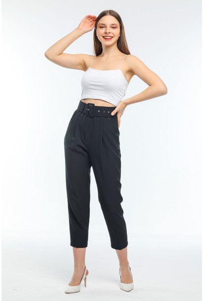 Exen Butik Exenbutik Kadın Siyah Kemerli Kumaş Pantolon Exen Butik Exenbutik Kadın Siyah Kemerli Kumaş Pantolon