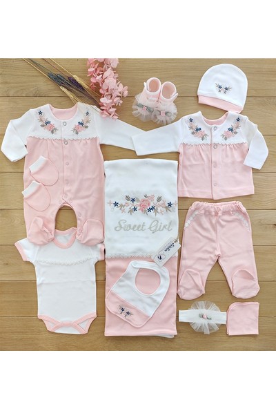 Sitilin Kız Bebek Pembe 10'lu Hastane Çıkışı Işlemeli Set