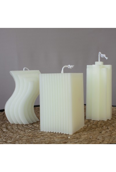Mument Dekoratif 3'lü Mum Seti (Dalga-Oluklu Kare-Kübik)